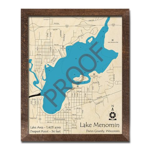 Lake Menomin WI 3D Wood Map, Wisconsin, Custom Map Art