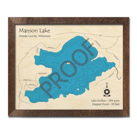 Manson Lake WI 3D Wood Map, Wisconsin, Custom Map Art