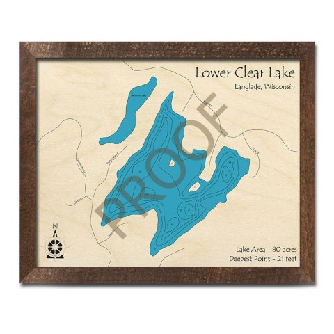 Lower Clear Lake WI 3D Wood Map, Wisconsin, Custom Map Art