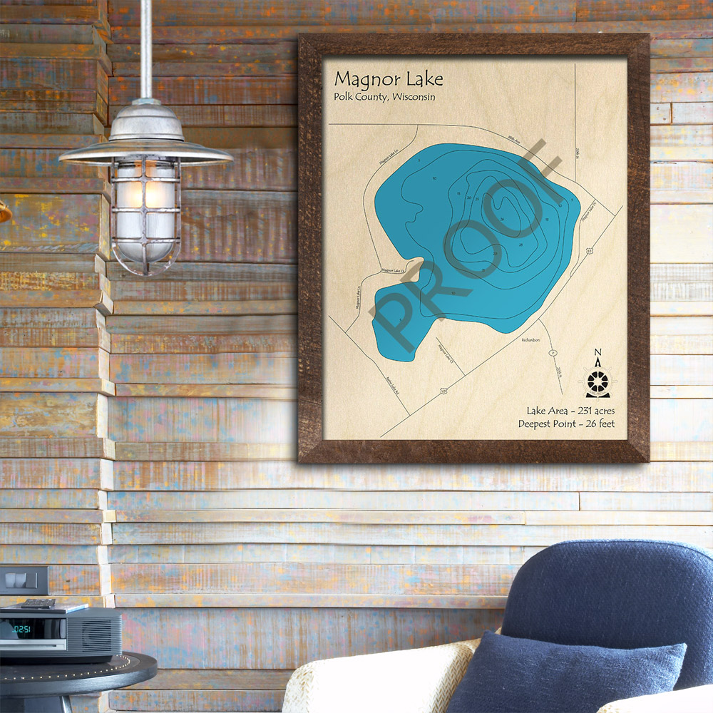 Magnor Lake WI 3D Wood Map, Wisconsin, Custom Map Art