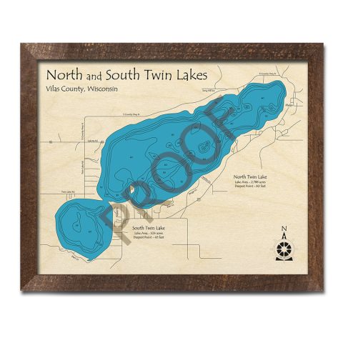 North Twin Lake - South Twin Lake WI 3D Wood Map, Wisconsin, Custom Map Art