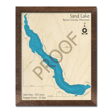 Sand Lake WI 3D Wood Map, (Barron) Wisconsin, Custom Map Art