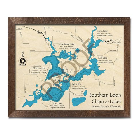Southern Loon Chain of Lakes WI 3D Wood Map, Wisconsin, Custom Map Art