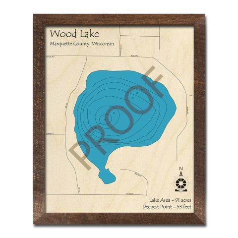 Wood Lake WI 3D Wood Map, (Marquette) Wisconsin, Custom Map Art