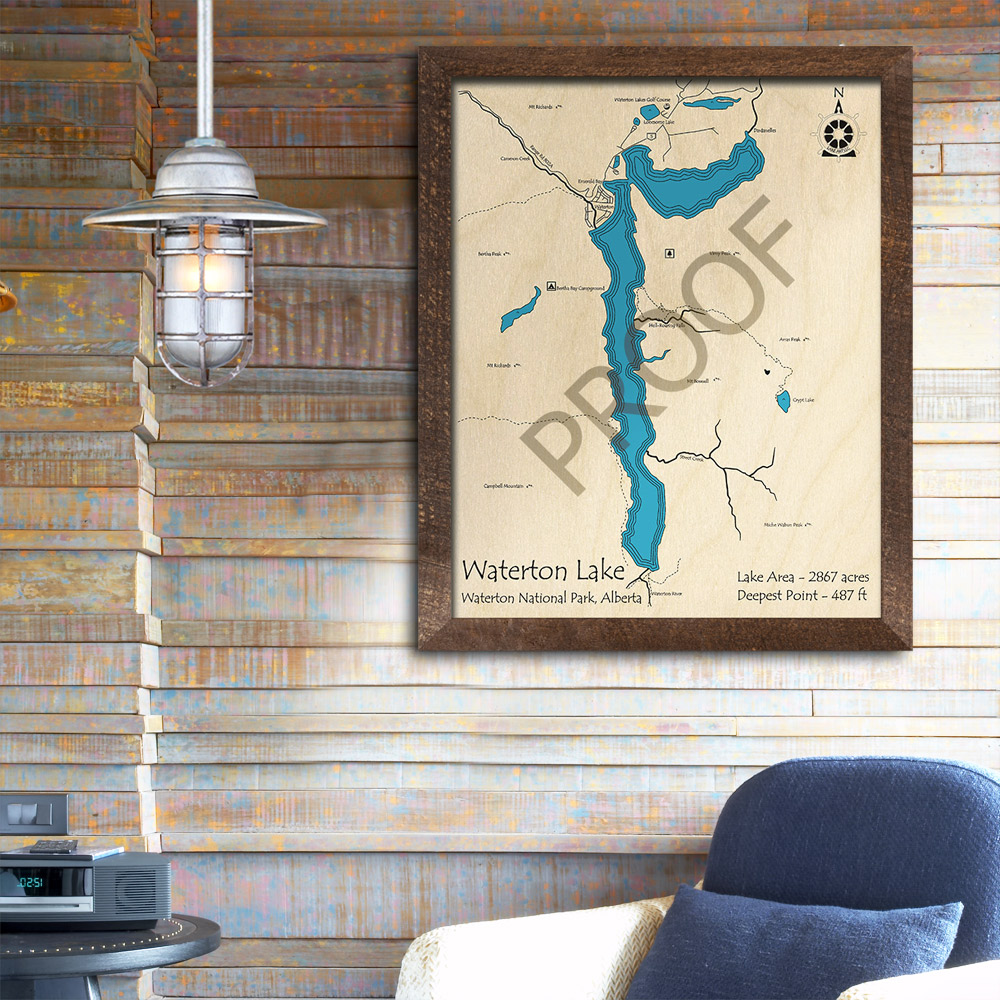 Waterton Lake - Canada 3D Wood Map, Custom Nautical Map Art