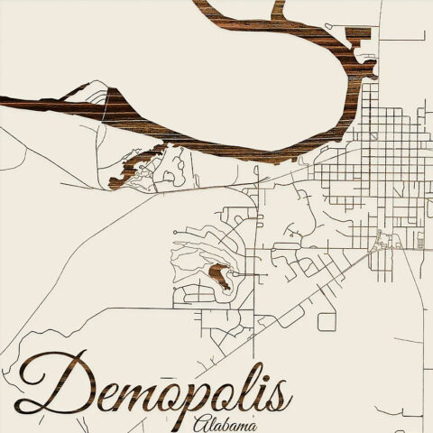 Demopolis, AL Wooden Street Map | Burnt Laser-Cut Wall Art