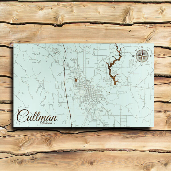 Cullman, AL Wooden Street Map | Burnt Laser-Cut Wall Art