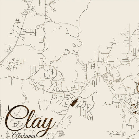 Clay, AL Wooden Street Map | Burnt Laser-Cut Wall Art