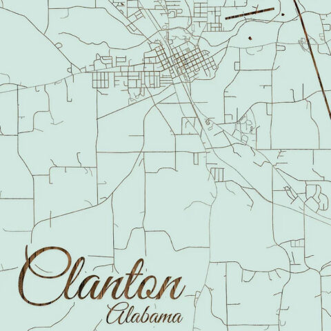 Clanton, AL Wooden Street Map | Burnt Laser-Cut Wall Art