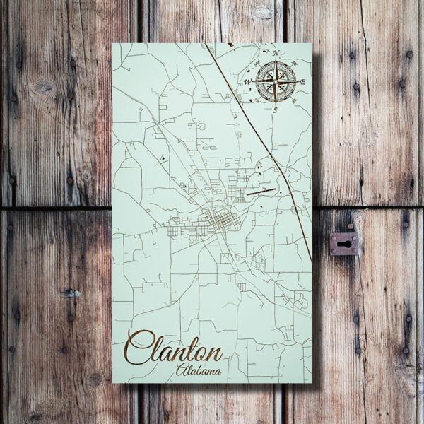 Clanton, AL Wooden Street Map | Burnt Laser-Cut Wall Art