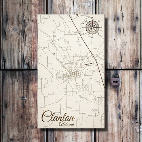 Clanton, AL Wooden Street Map | Burnt Laser-Cut Wall Art