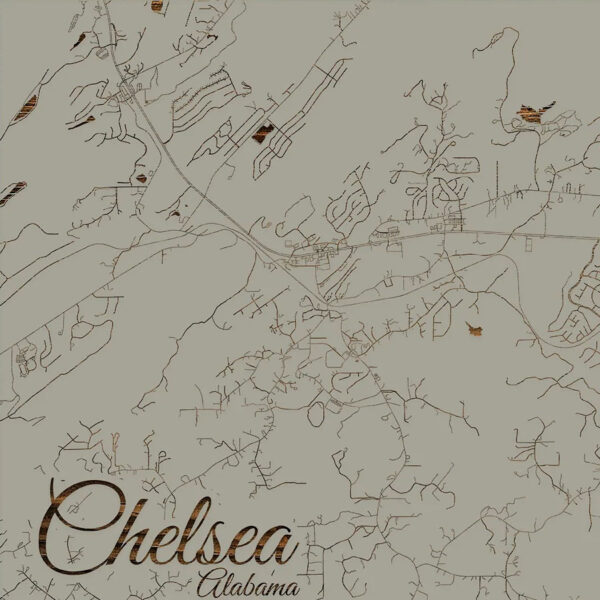 Chelsea, AL Wooden Street Map | Burnt Laser-Cut Wall Art