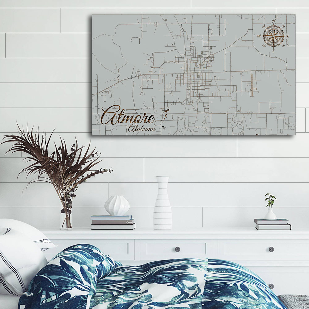 Atmore, AL Wooden Street Map | Burnt Laser-Cut Wall Art
