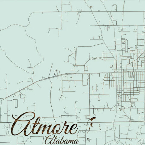 Atmore, AL Wooden Street Map | Burnt Laser-Cut Wall Art