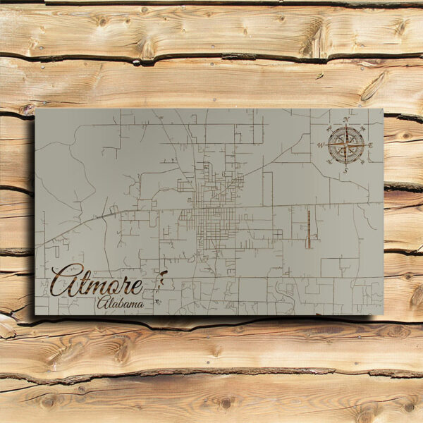 Atmore, AL Wooden Street Map | Burnt Laser-Cut Wall Art
