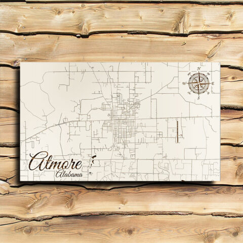 Atmore, AL Wooden Street Map | Burnt Laser-Cut Wall Art