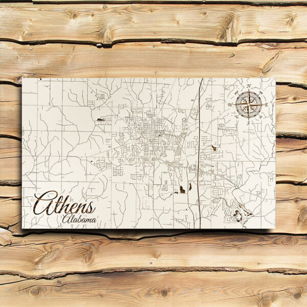 Athens, AL Wooden Street Map | Burnt Laser-Cut Wall Art
