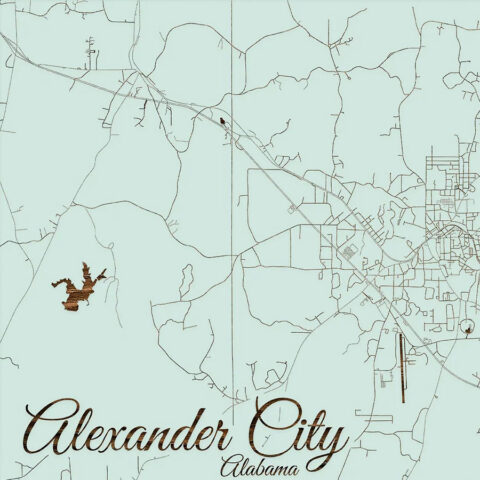 Alexander City, AL Wooden Street Map | Burnt Laser-Cut Wall Art