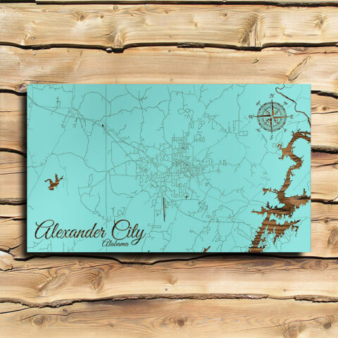Alexander City, AL Wooden Street Map | Burnt Laser-Cut Wall Art
