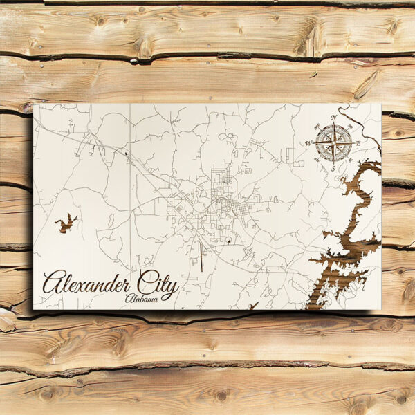 Alexander City, AL Wooden Street Map | Burnt Laser-Cut Wall Art