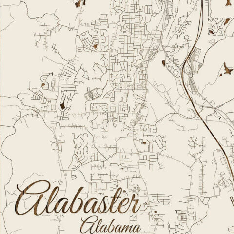 Alabaster, AL Wooden Street Map | Burnt Laser-Cut Wall Art