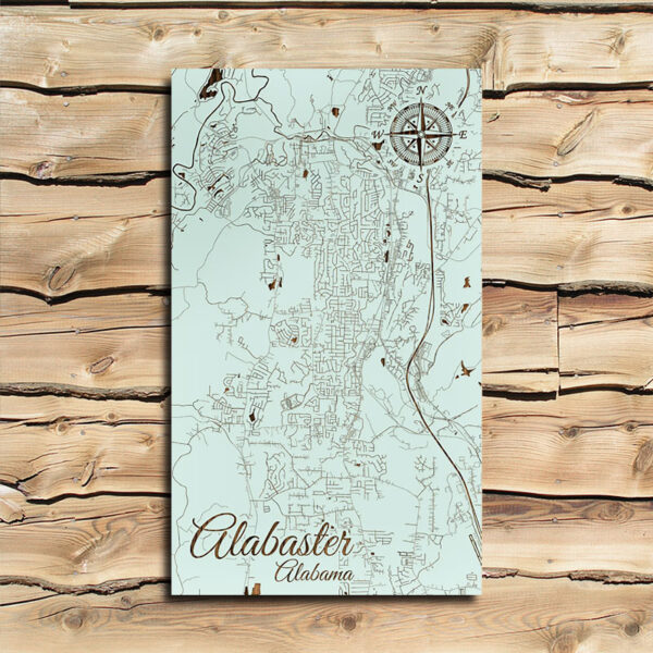 Alabaster, AL Wooden Street Map | Burnt Laser-Cut Wall Art