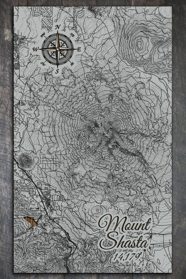 Mt Shasta Wooden Topo Map | Burnt Laser-Cut Wall Map