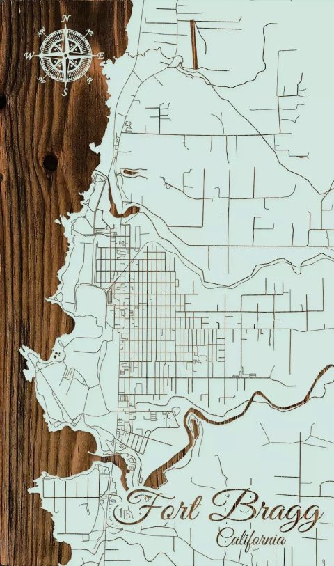 Fort Bragg, California Wood Topo Map | Burnt Laser-Cut Wall Map