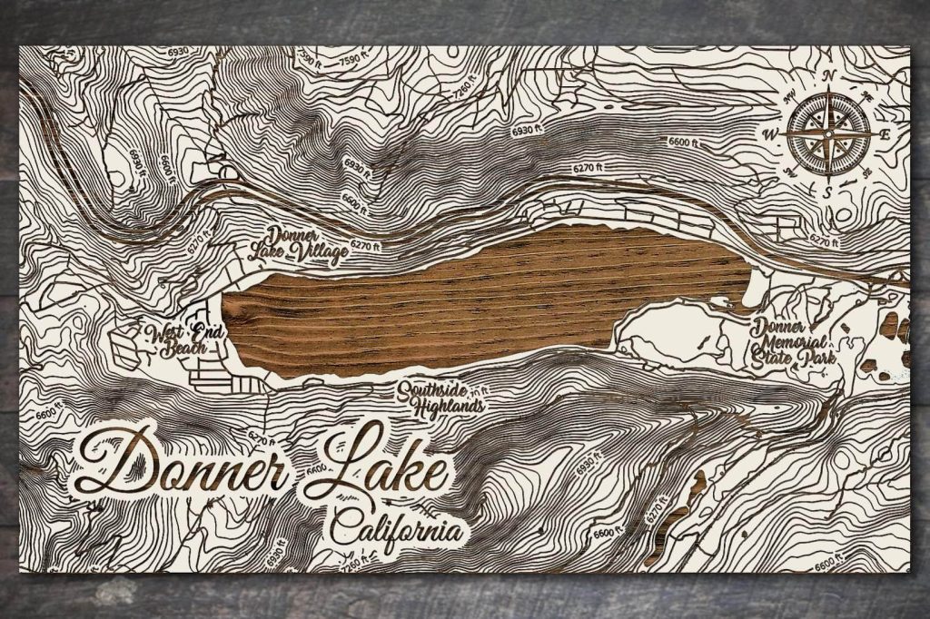 Donner Lake, California Wood Topo Map | Burnt Laser-Cut Wall Map
