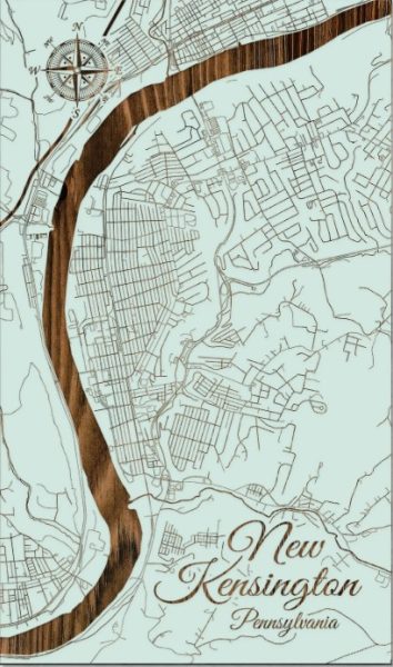 New Kensington, Pennsylvania Wooden Street Map | Burnt Laser-Cut Wall Map
