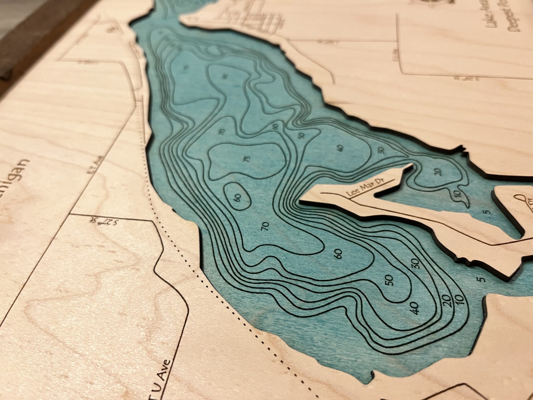 Indian Lake, Michigan Wood Map, Natural Cherry Frame, 11″ x 14″ QUICK SHIP!