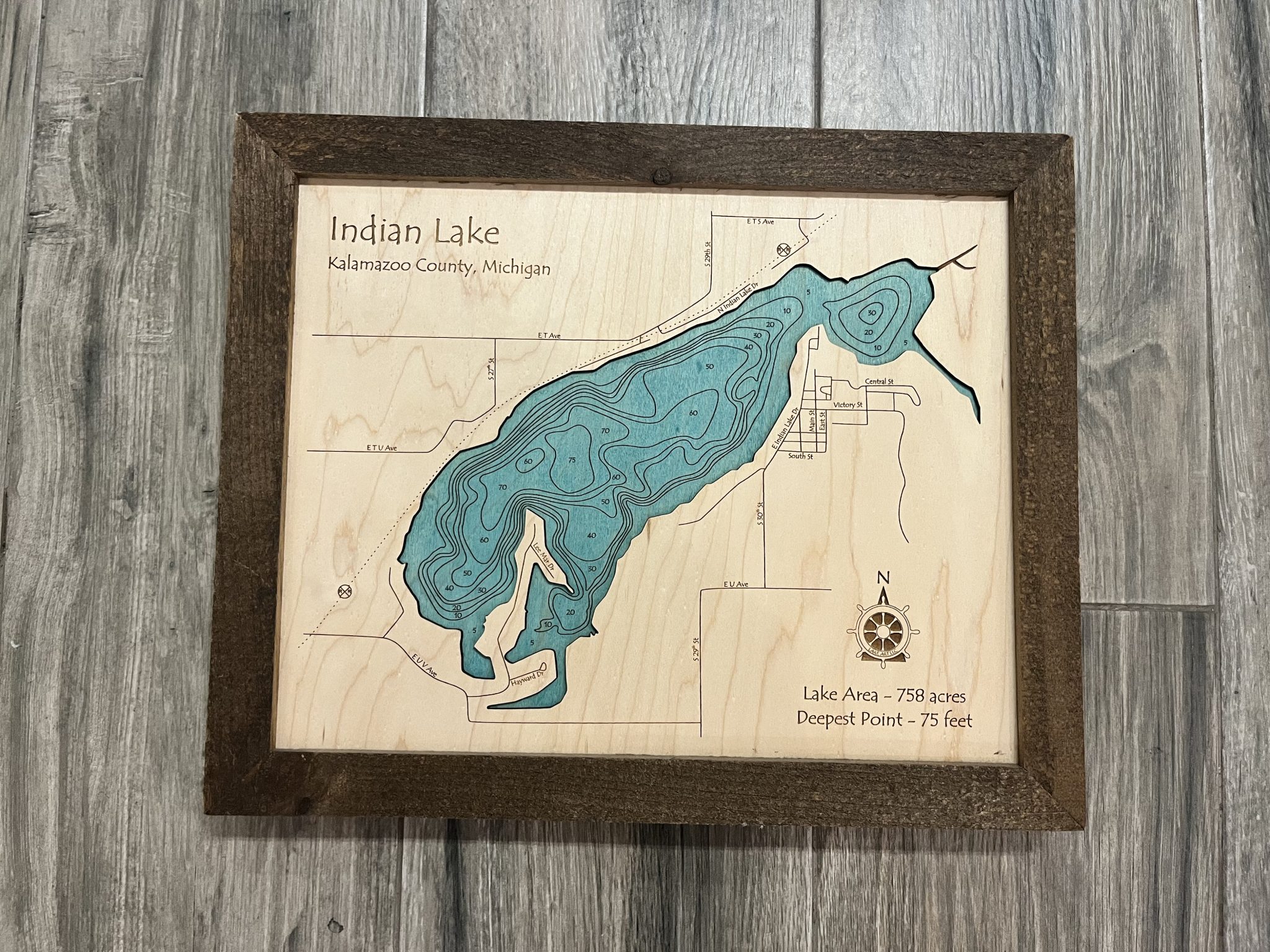 Indian Lake, Michigan Wood Map, Natural Cherry Frame, 11″ x 14″ QUICK SHIP!