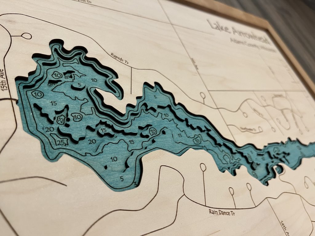 Lake Arrowhead, WI 3D Nautical Wood Map, Natural Cherry Frame, 14" x 18 ...