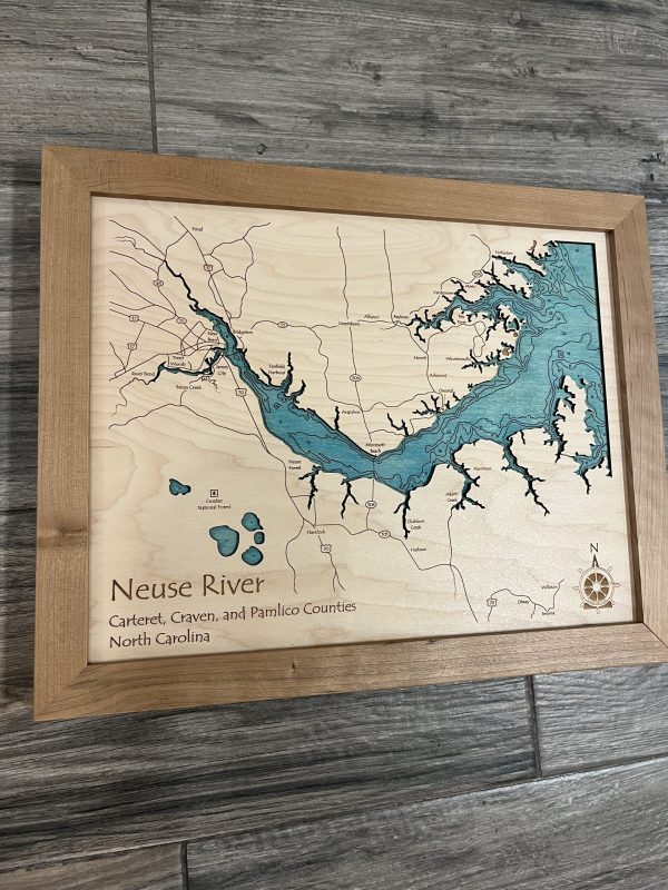 Neuse River, North Carolina Wood Map, Natural Cherry Frame, 11″ x 14″