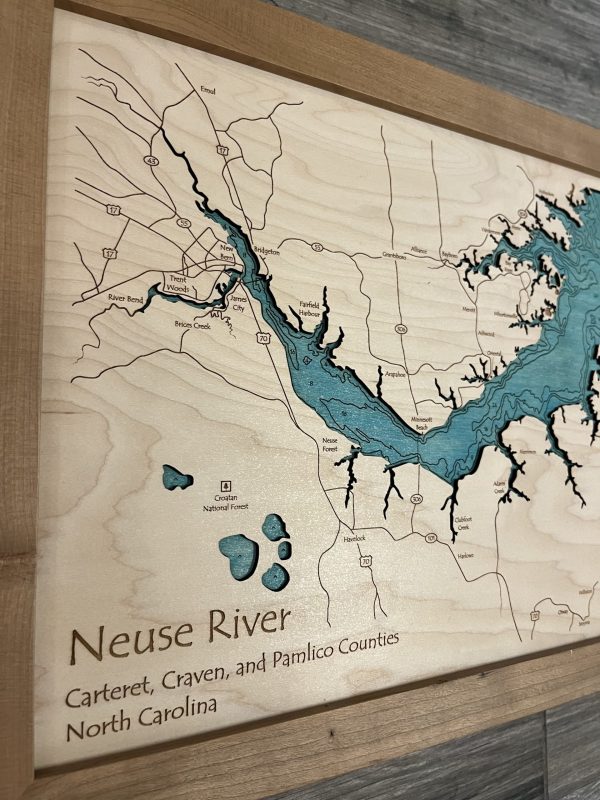 Neuse River, North Carolina Wood Map, Natural Cherry Frame, 11″ x 14″