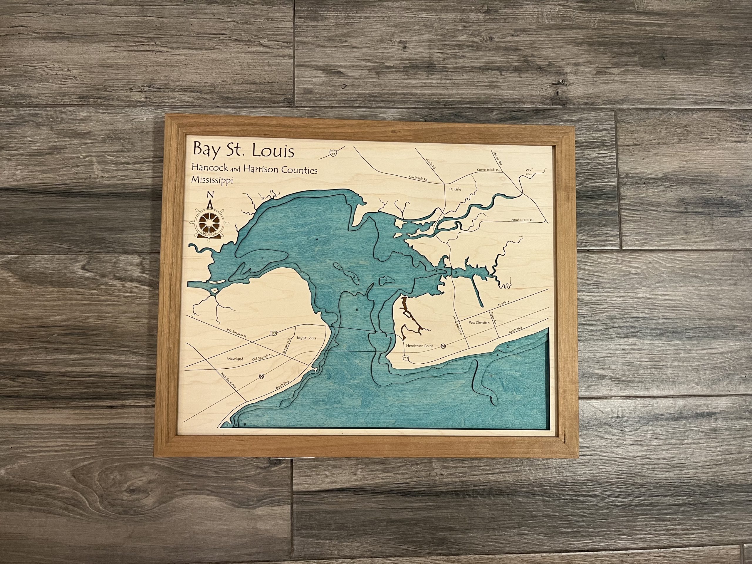 Bay St. Louis, MS 3D Map, Natural Cherry Frame, 14" x 18"