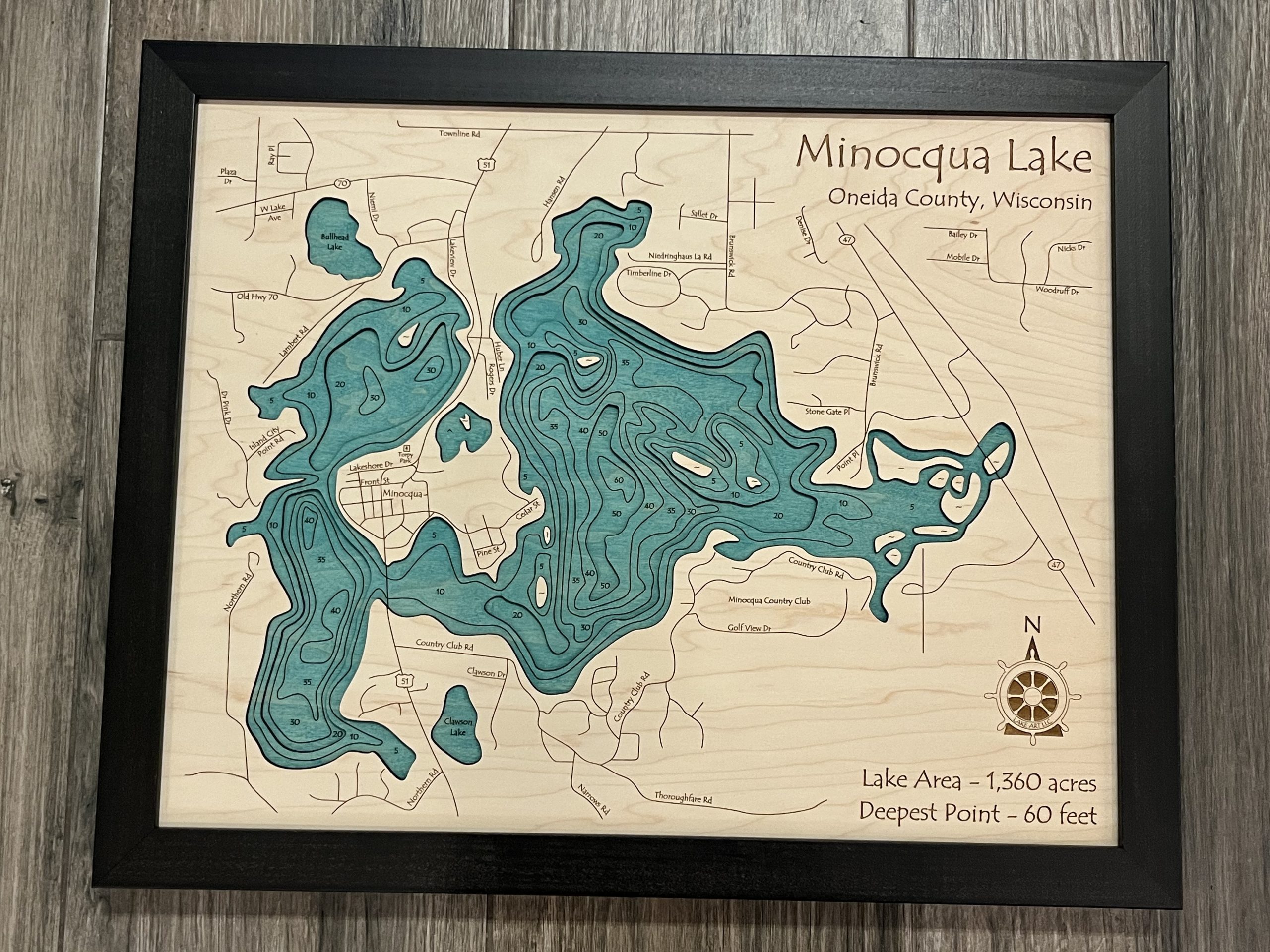 Lake Minoqua, WI 3D Nautical Wood Map, Black Frame 14" x 18"