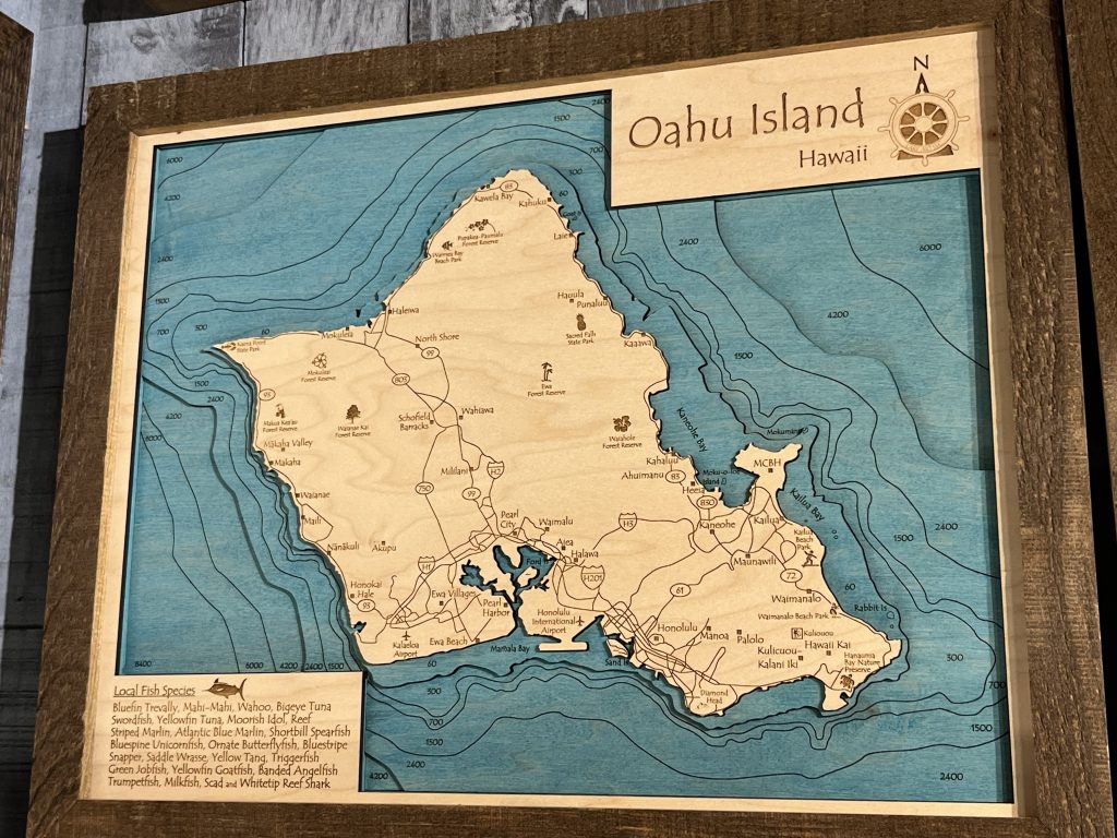 Oahu, HI 3D Nautical Wood Map, Barnwood Frame, 14" x 18" QUICK SHIP!