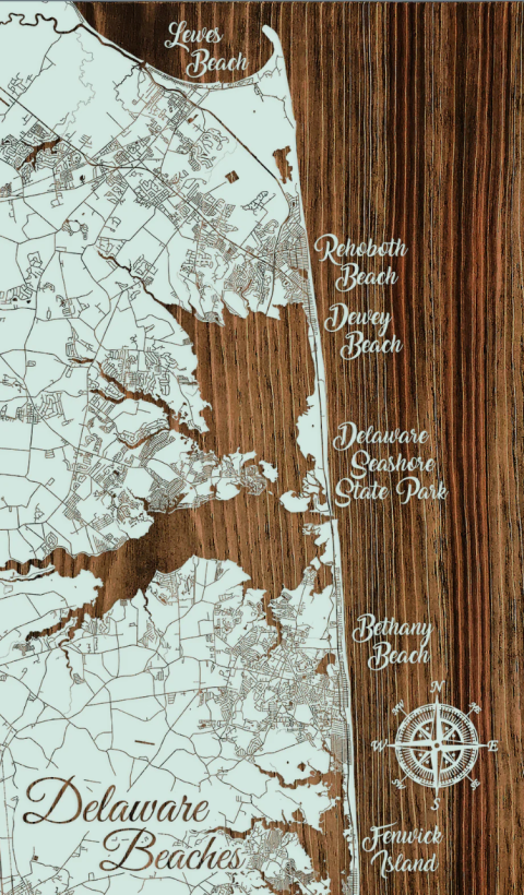 Delaware Beaches, DE Wood Topo Map | Burnt Laser-Cut Wall Map
