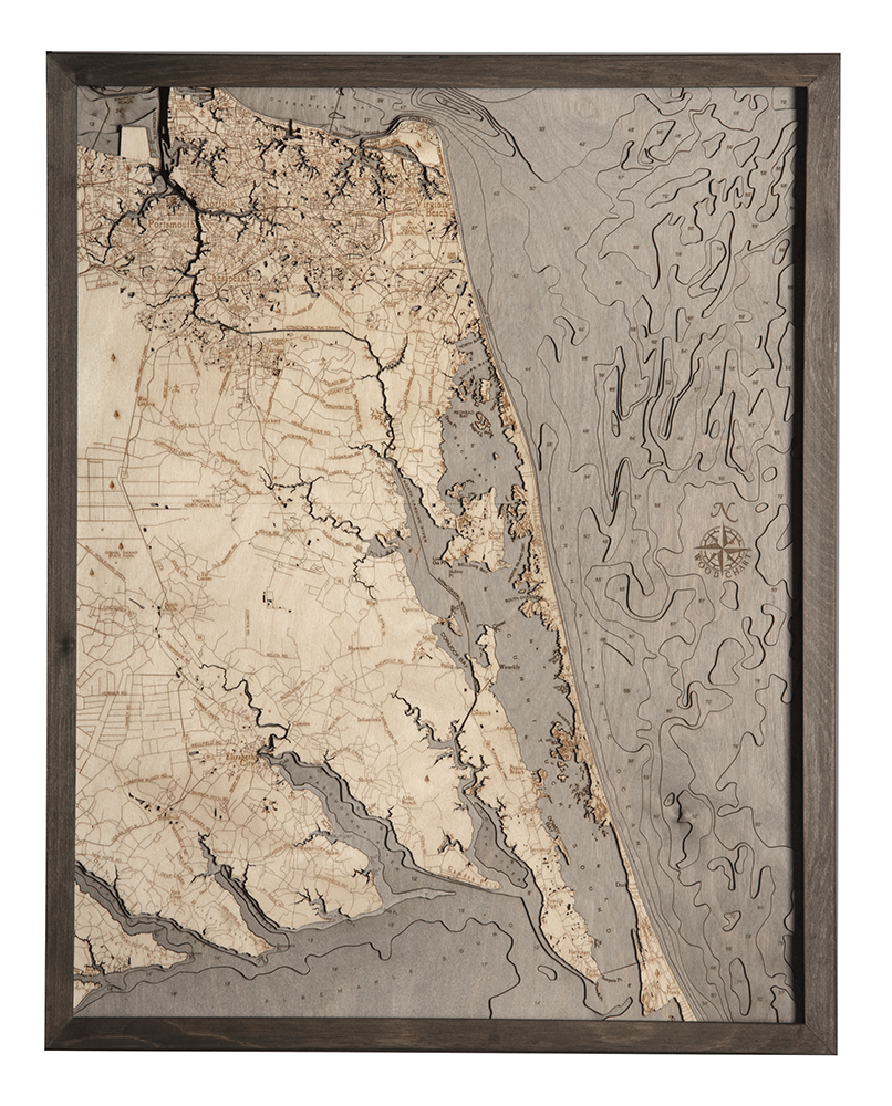 Virginia Beach to Kitty Hawk Wood Map | 3D Topo Wood Chart