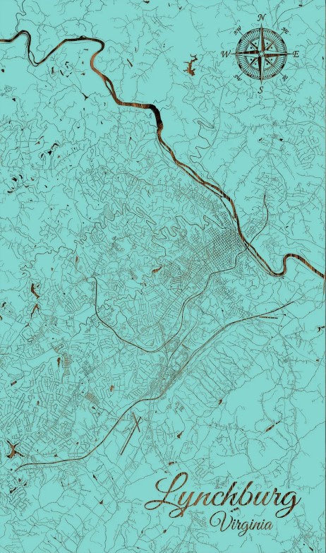 Lynchburg, Virginia Wood Street Map | Burnt Laser-Cut Wall Map