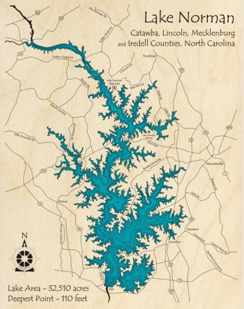 Lake Norman, North Carolina - 3D Wood Map, Custom Nautical Map Art