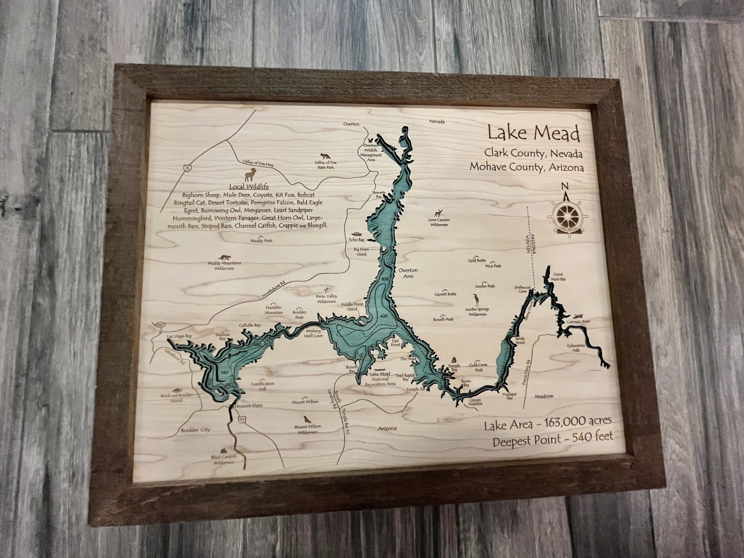 Lake Mead 3D Nautical Chart, Barnwood Frame, 14" x 18" QUICK SHIP!