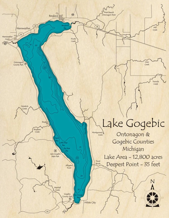 Lake Gogebic, Michigan - 3D Wood Map, Custom Nautical Map Art