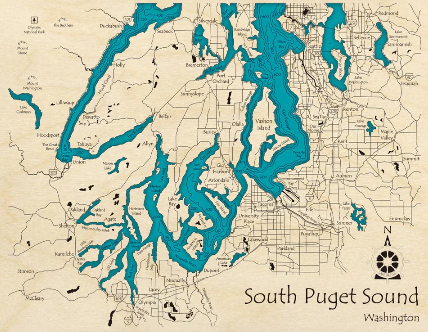 South Puget Sound, WA - 3D Wood Map, Custom Nautical Map Art