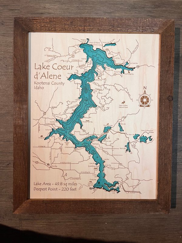 Lake Coeur d'Alene, ID - 3D Wood Map, Custom Nautical Map Art