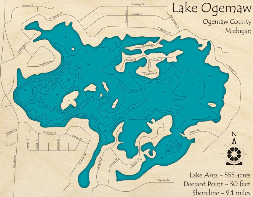 Lake Ogemaw, MI - 3D Wood Map, Custom Nautical Map Art