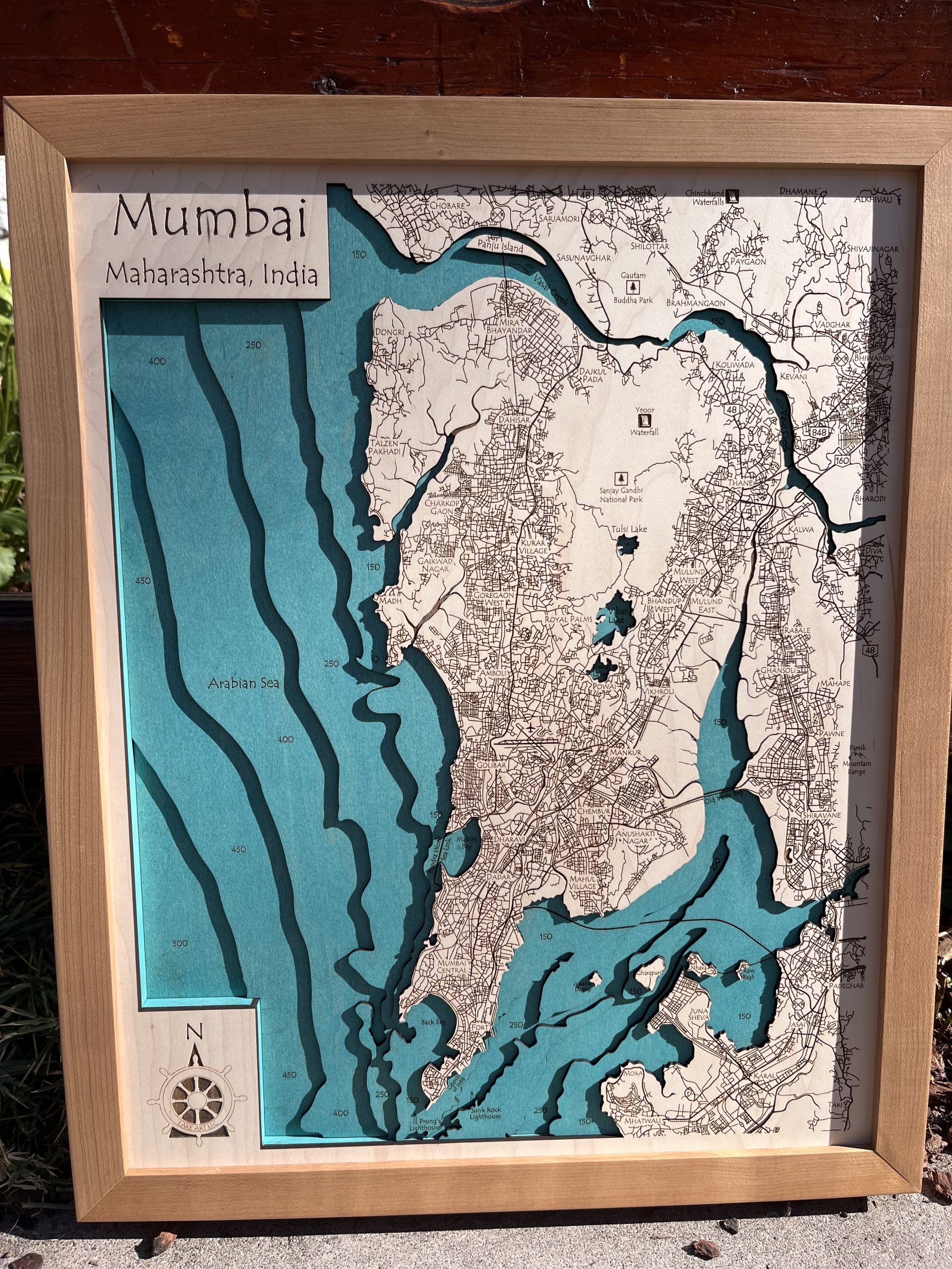 Mumbai, India - 3D Wood Map, Custom Nautical Map Art