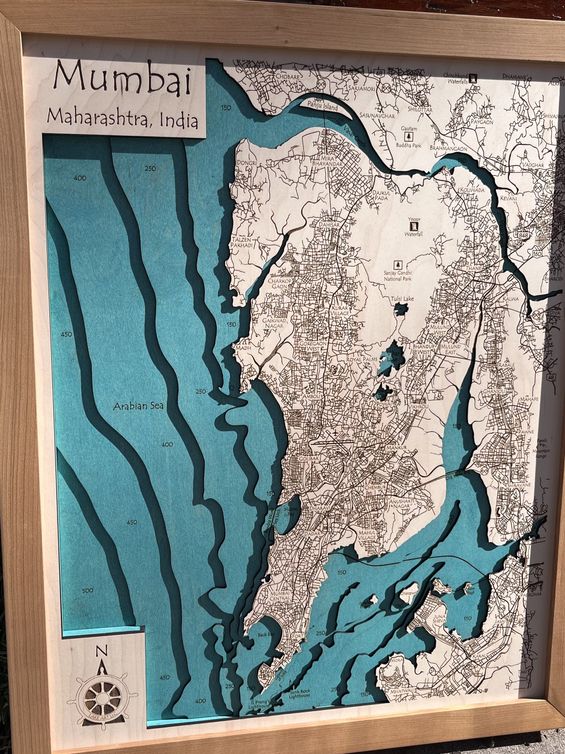 Mumbai, India - 3D Wood Map, Custom Nautical Map Art