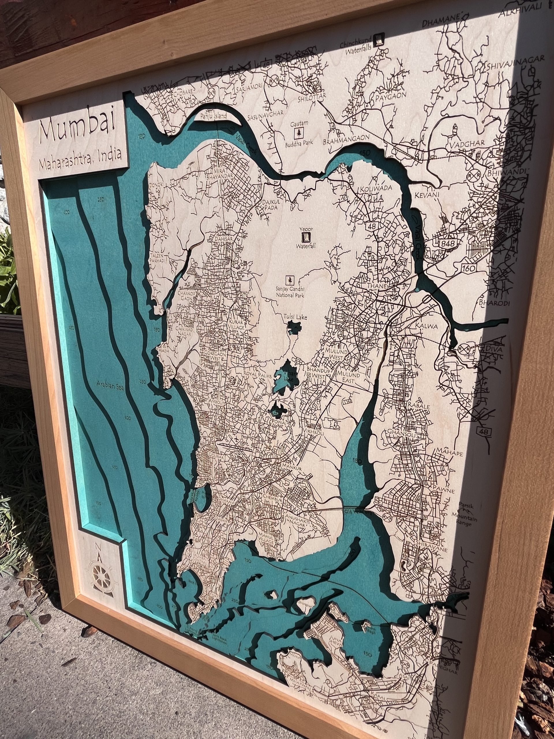 Mumbai, India - 3D Wood Map, Custom Nautical Map Art